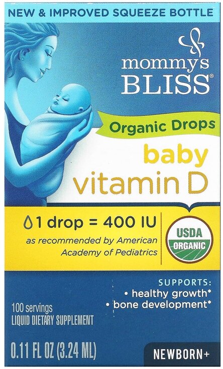 Mommy' s Bliss, Витамин D, органические капли, для новорожденных с 0 месяцев, 0,11 жидких унций (3,24 мл)