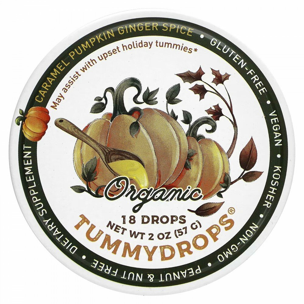 Tummydrops, Organic Drops, карамель, тыква и имбирь, 18 пастилок