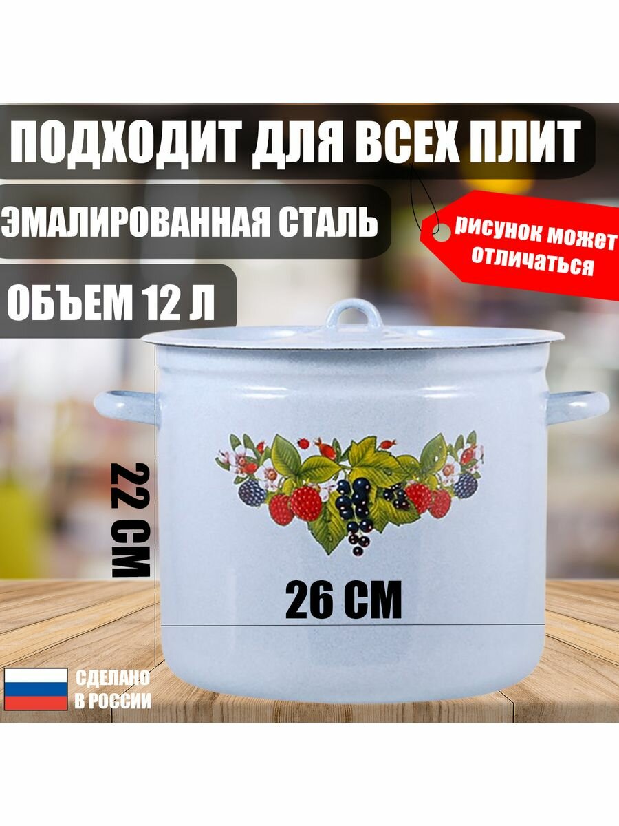 Кастрюля эмалированная, голубая, с рисунком в ассортименте, 12 литров