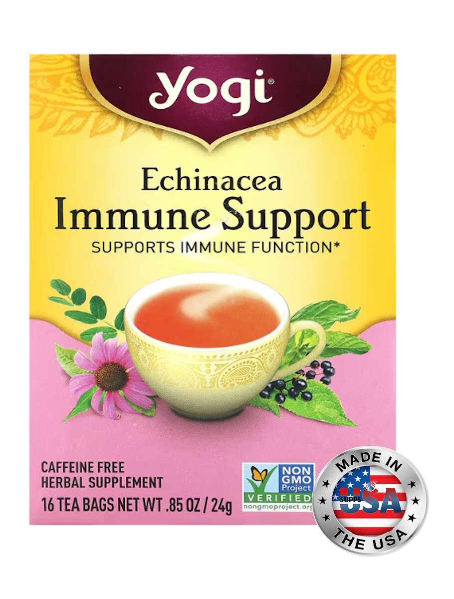 Yogi Tea, органический травяной чай с эхинацеей, поддержка иммунитета, без кофеина, 16 чайных пакетиков, 24 г