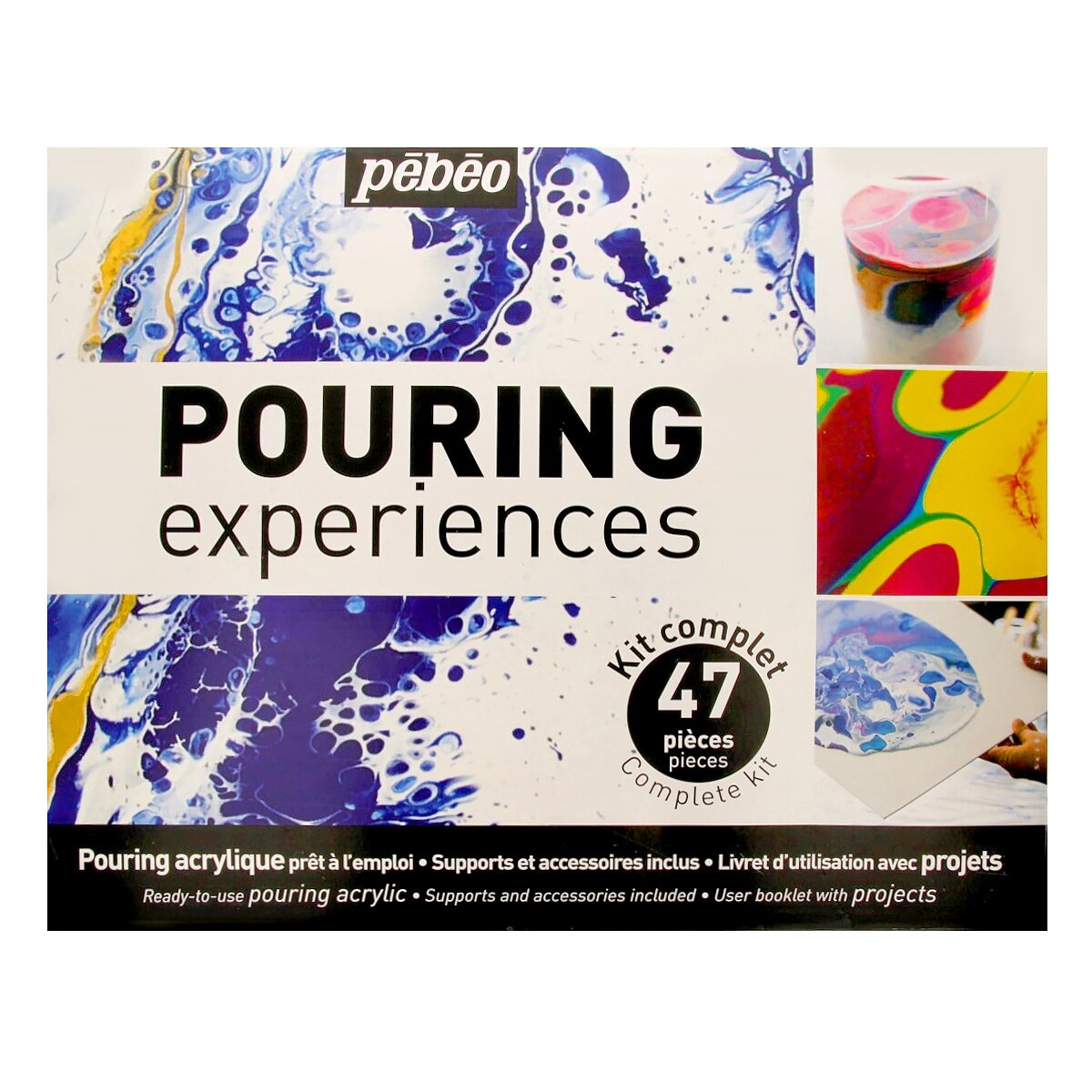 Набор для рисования Pebeo "Pouring Experiences", для Флюид Арт, 8 акриловых красок по 118 мл, 47 предметов, 524600