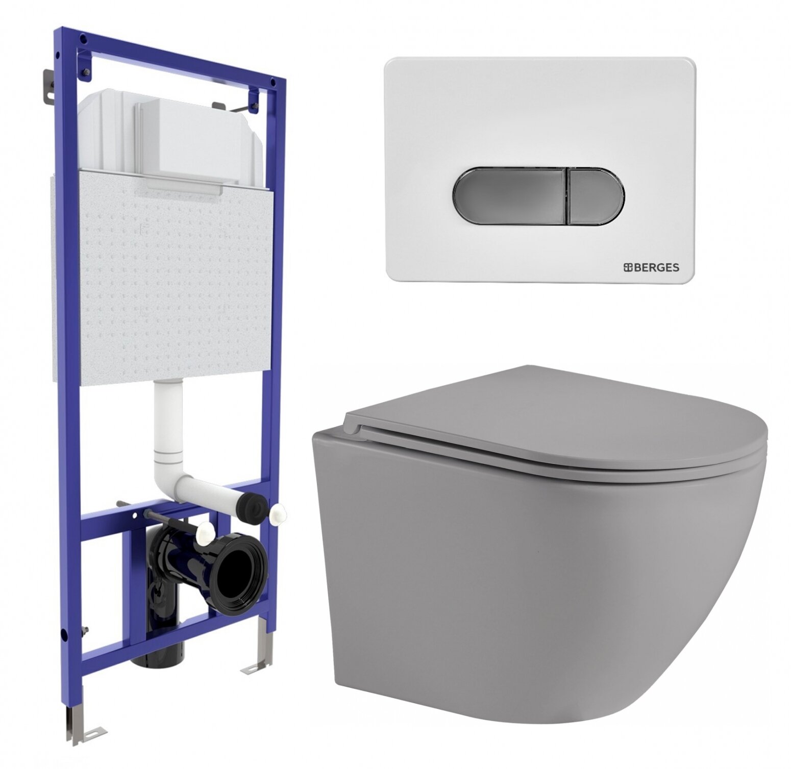 Комплект 3 в 1 инсталляция Berges Wasserhaus Novum D7 + Унитаз подвесной Weltwasser WW Merzbach 043 MT-GR + кнопка хром