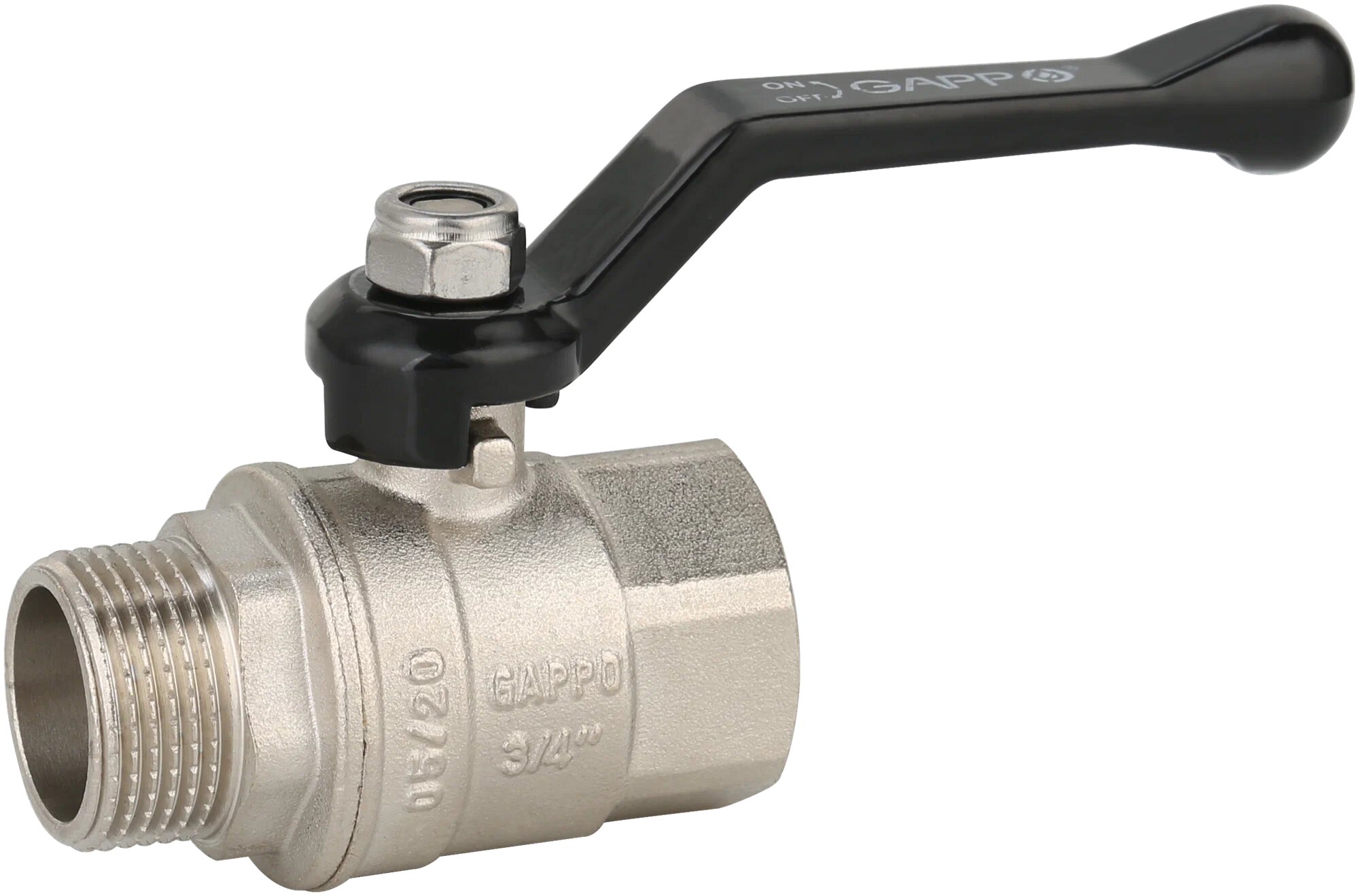 Кран шаровый, Gappo G227.05, гайка-штуцер с ручкой, 3/4", Pn 40, латунный