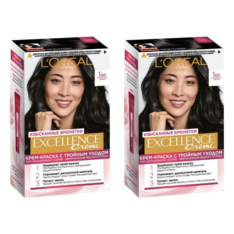 L Oreal Paris Стойкая крем-краска для волос, Excellence, тон 100, Чёрный, 2 шт.