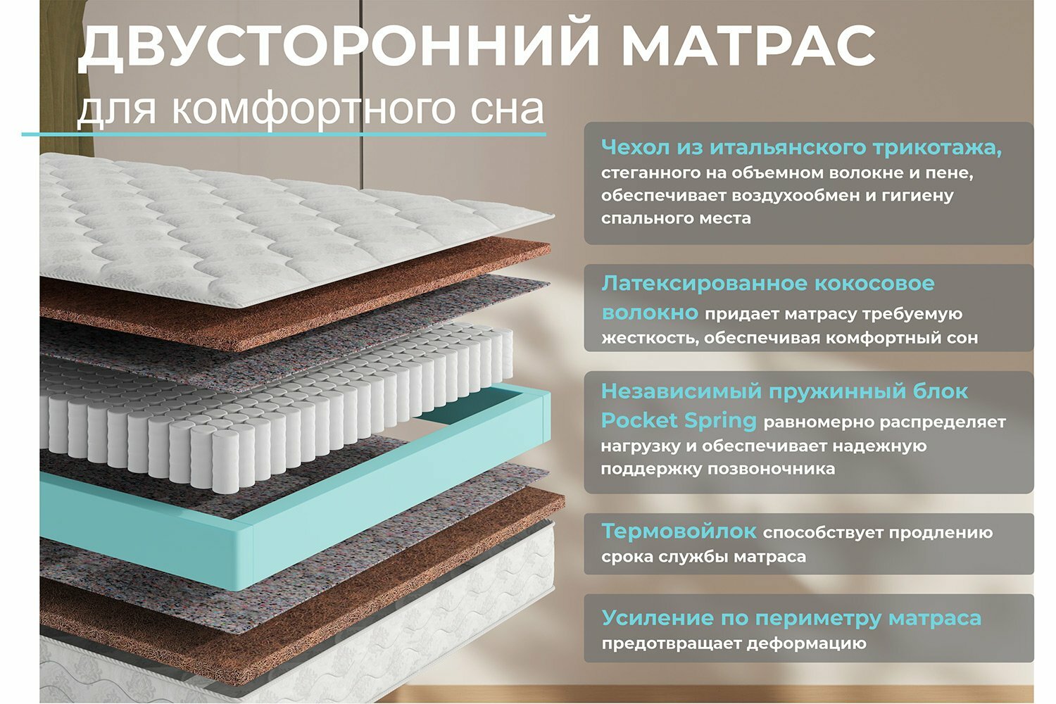 Матрас Hoff Прима, 90х200 см, пружинный, двусторонний, средняя жесткость — фото 1