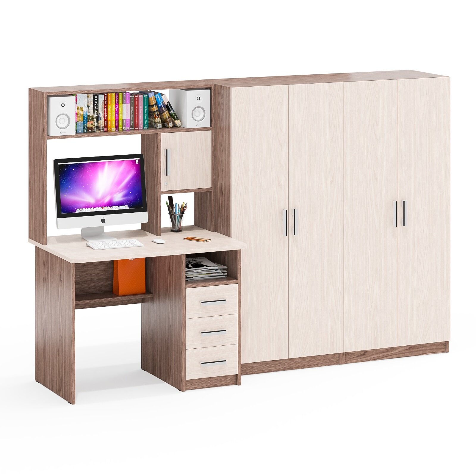 Стол для компьютера и два шкафа СК-9 цвет ясень шимо светлый/тёмный, 242х70х160 см.