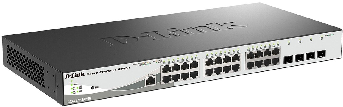 Коммутатор D-Link DGS-1210-28P/ME/B2A (L2) 24x1Гбит/с 4xКомбо(1000BASE-T/SFP) 24PoE 193W настраиваемый
