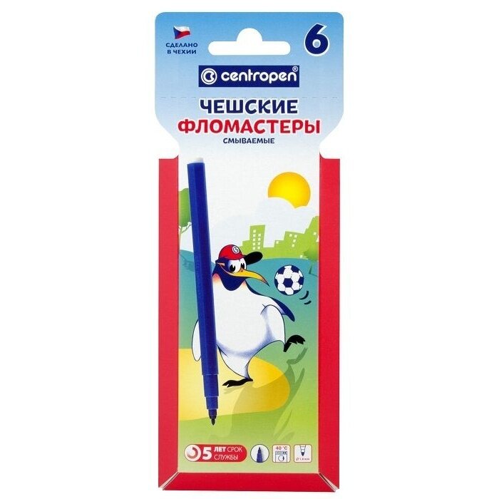 Фломастеры Centropen 6 цветов, пингвины, смываемые, вентилируемый колпачок, полибег (7790/6)