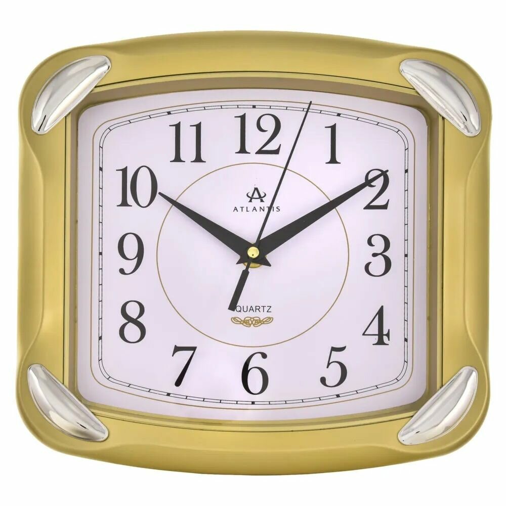 Часы настенные Atlantis 6035, кварцевые, плавный ход, арабские цифры, пластик, золото, 24х24см