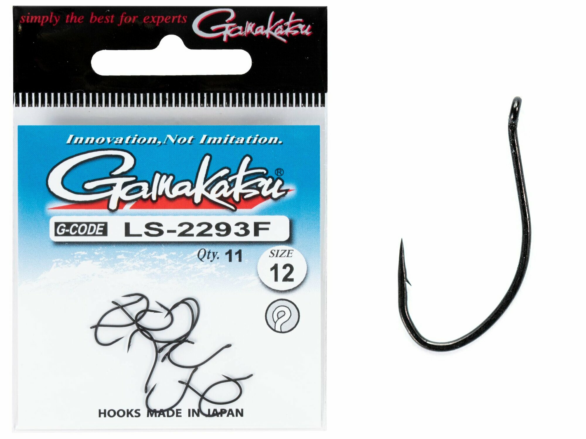 Крючки для рыбалки одноподдевные металлические набор на щуку и сома, Gamakatsu LS-2293F NEW LABEL EYED HOOKS BLACK разм. 12 11шт. по 1 упак, снасти карповые летние Япония