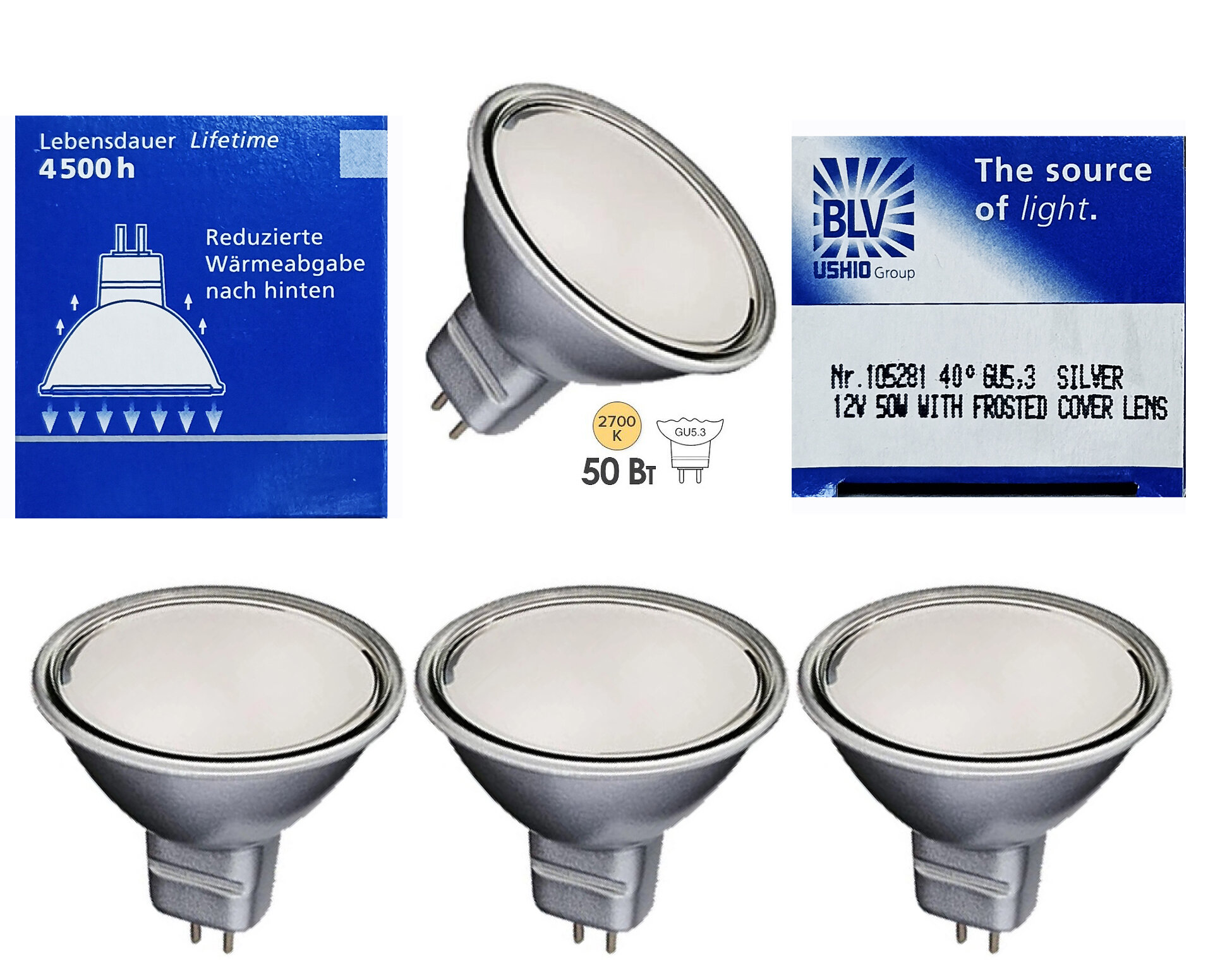 3шт/уп. Лампа Галогенная Софит 50Вт 12V GU5.3 MR16 D-51mm L-45mm Диммируемая Свет Теплый белый BLV, уп. 3шт