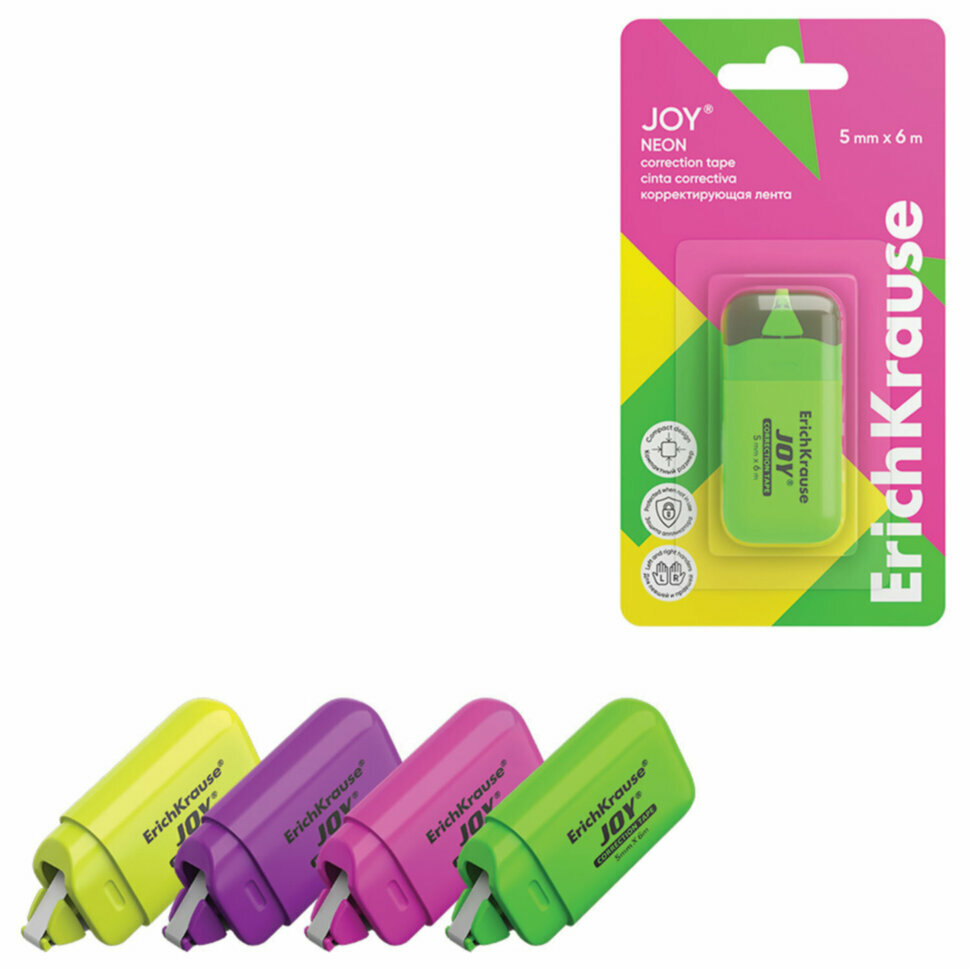 Корректирующая лента ERICH KRAUSE "JOY" 5 мм х 6 м, корпус ассорти, блистер, европодвес, 53197, 272904