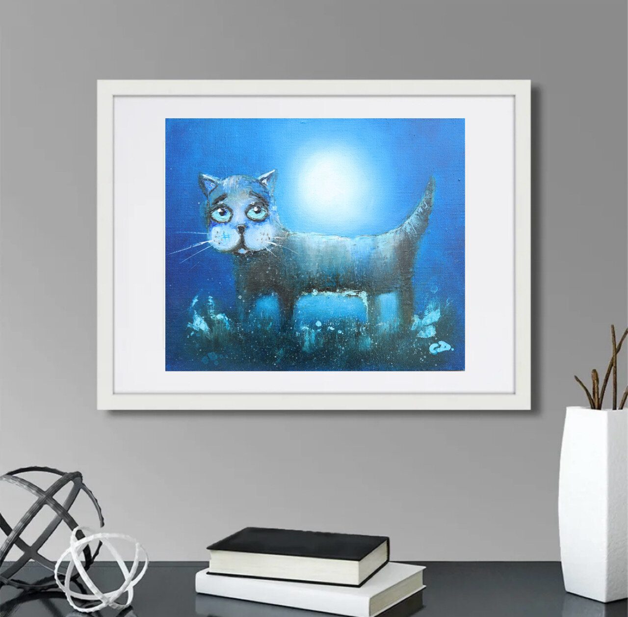 Картина маслом ручной работы на холсте на подрамнике: Кот и Луна для интерьера дома, 25х30 см