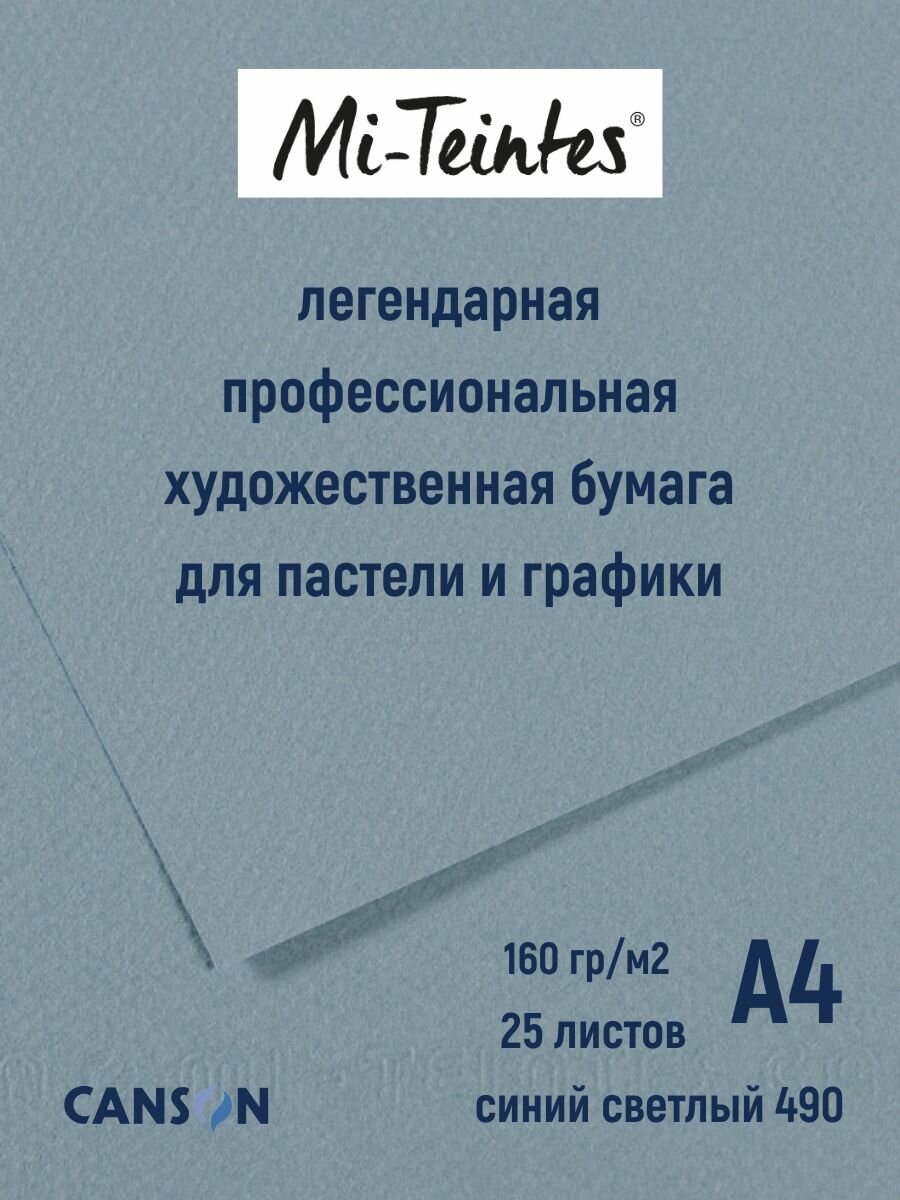 CANSON Mi-Teintes бумага для пастели 160 г/м2, 25 листов A4 21 х 29.7 см, №490 Синий светлый C31032S023