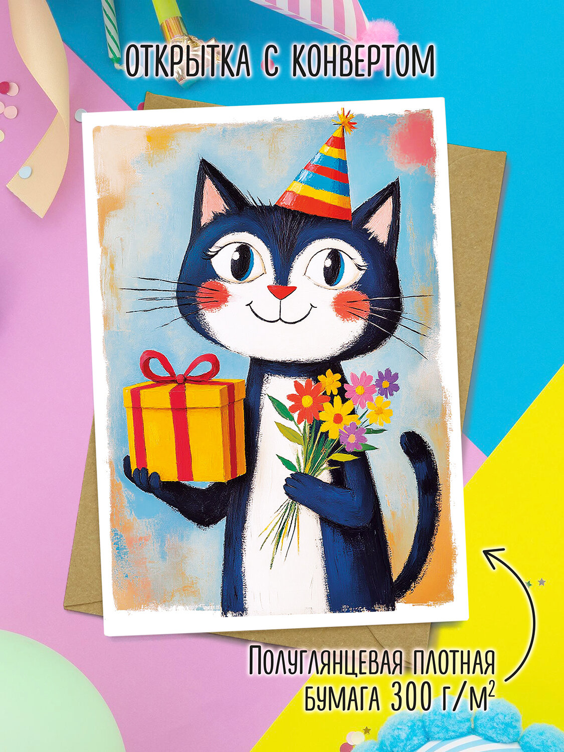 Поздравительная открытка "Кот с подарком и цветами", двусторонняя, 10x14.5см, ручная работа