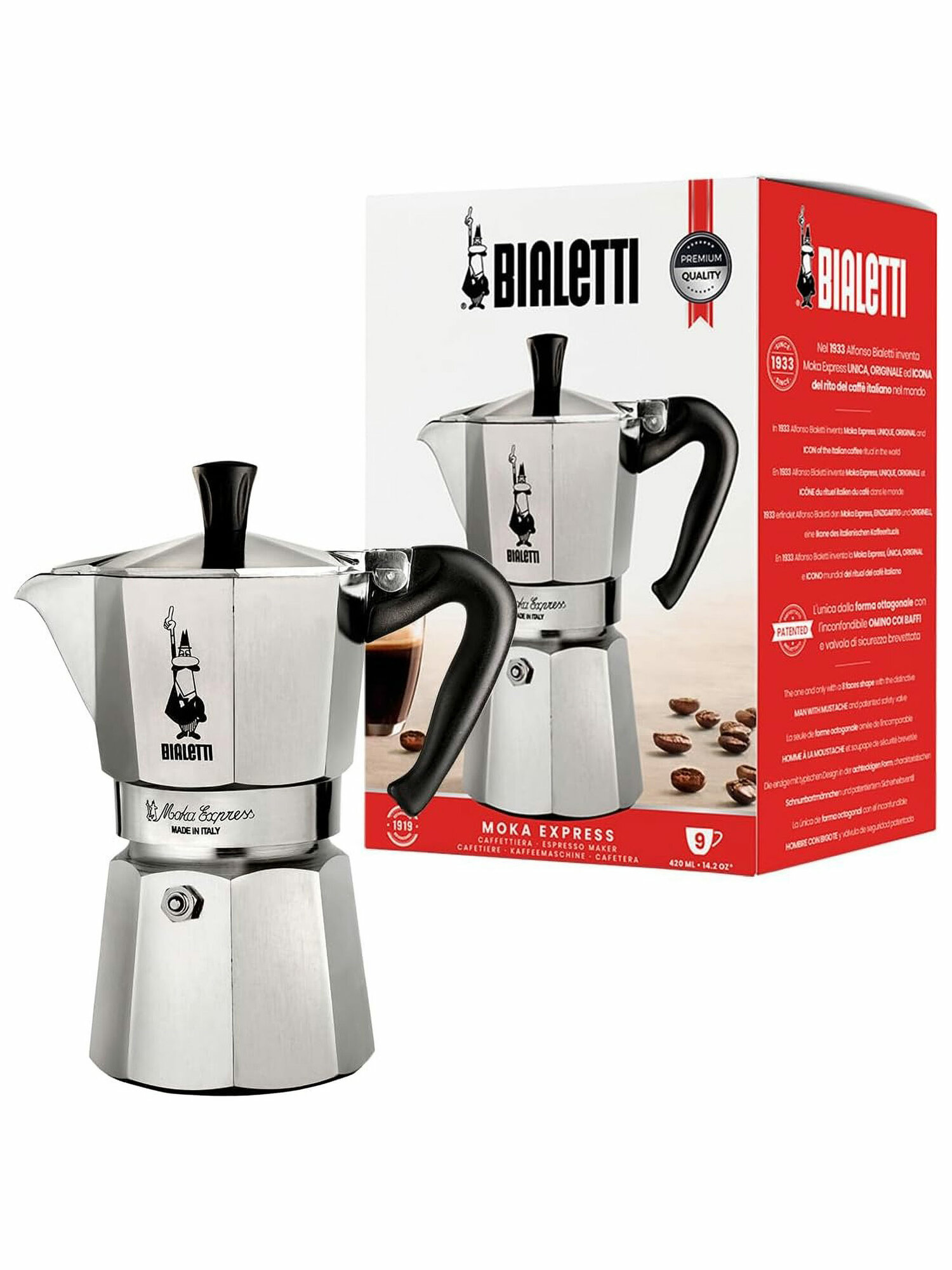 Гейзерная кофеварка Bialetti Moka Express металлик, на 9 чашек, 420 мл
