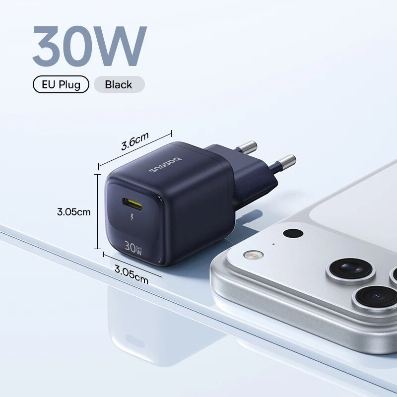 Зарядное устройство Baseus 30W USB-C с быстрой зарядкой PD3.0 QC3.0 PPS для iPhone 17 EU Plug Black