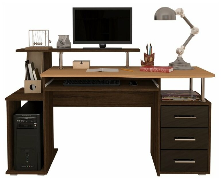 Компьютерный стол Мебелеф-14 с тумбой, 3 ящикама, ЛДСП/МДФ орех экко/черный глянец