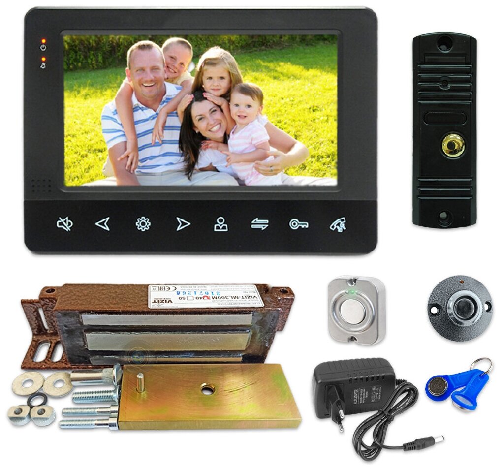 Видеодомофон комплект с записью фото или видео, электромагнитным замком и ключами доступа на одну дверь