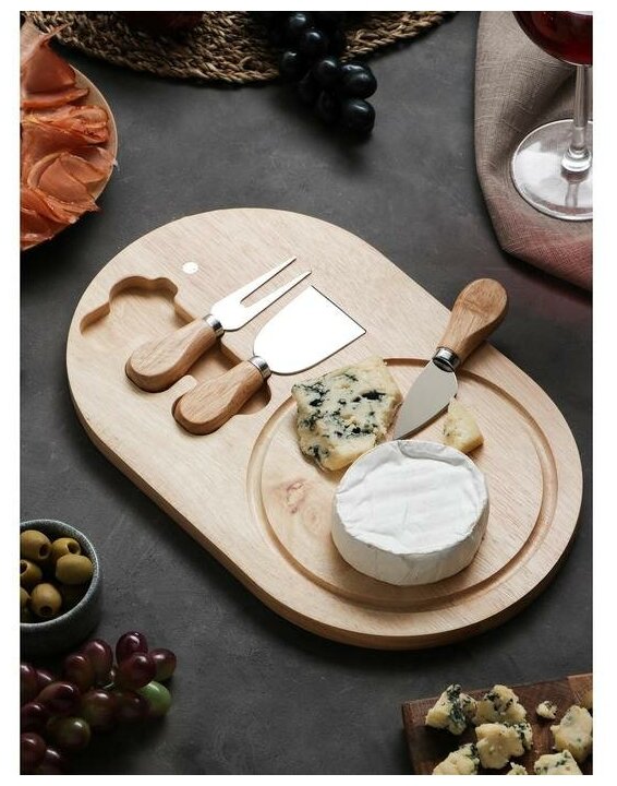 Набор для подачи сыра, доска из дуба 32,5×20,5×1,5 см, 3 ножа для сыра, 3090436