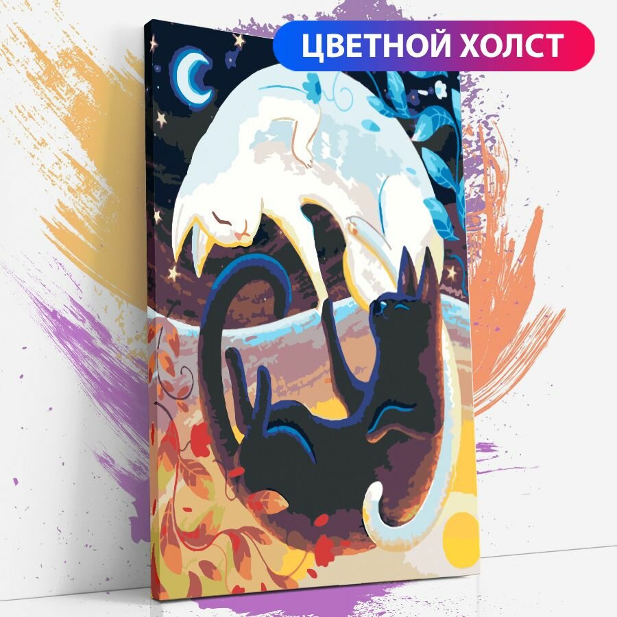 Картина по номерам на холсте с подрамником, "Коты инь и ян. Кот черный. Кот белый", 40х60 см