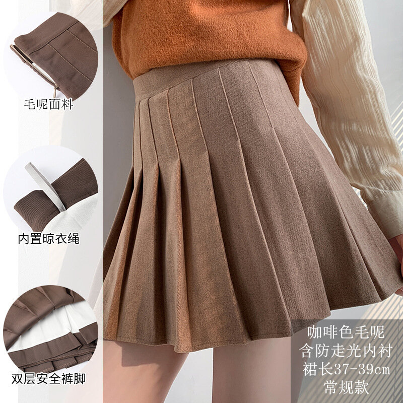 2025 Новые женские шерстяные плиссированные юбки с высокой талией, стройнящие, в стиле колледжа, юбка А-силуэта, осень-зима, короткая шерстяная юбка