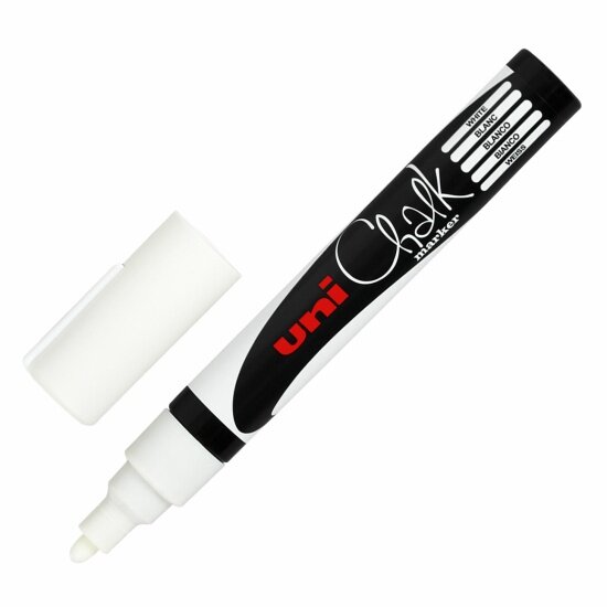 Маркер меловой Uni "Chalk", 1,8-2,5 мм, белый, влагостираемый, для гладких поверхностей, PWE-5M WHITE