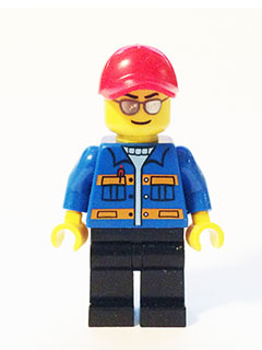 Минифигурка Lego sc010 Blue Jacket with Pockets and Orange Stripes, Black Legs, Red Cap with Hole, Silver Sunglasses