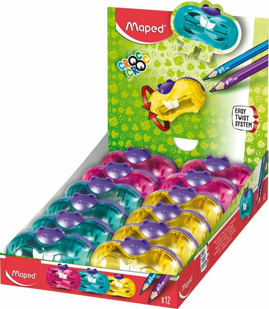 Точилка, MAPED CROC CROC TWIST, 2 отверстия, полупрозрачная, ассорти, в дисплее
