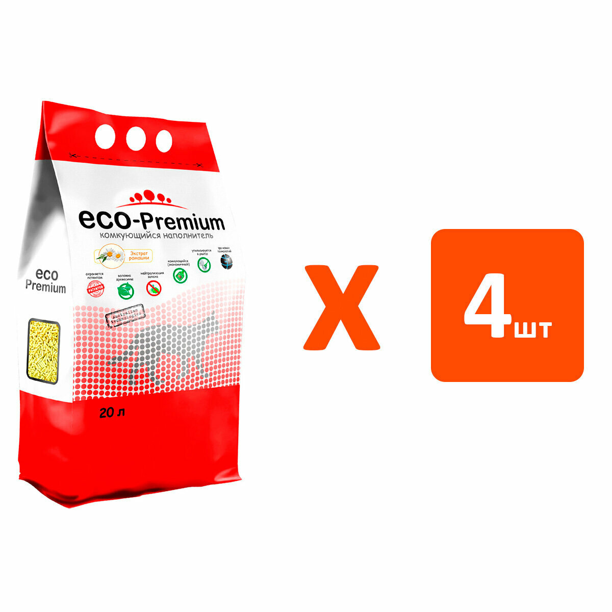 ECO-PREMIUM ромашка наполнитель древесный комкующийся для туалета кошек с ароматом ромашки NEW 7,6 кг х 4 шт