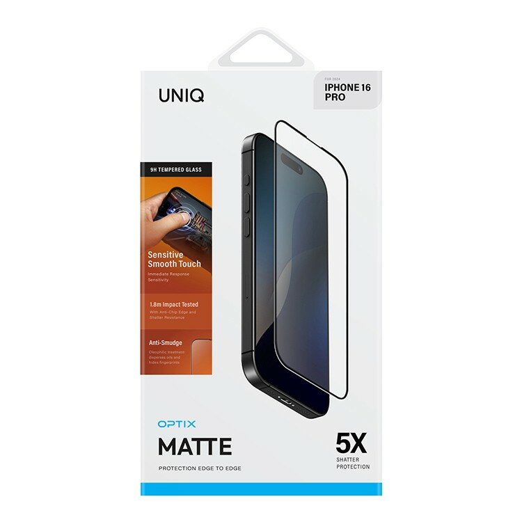 Uniq матовое стекло для iPhone 16 Pro, OPTIX Matte Clear/Black (+installer)