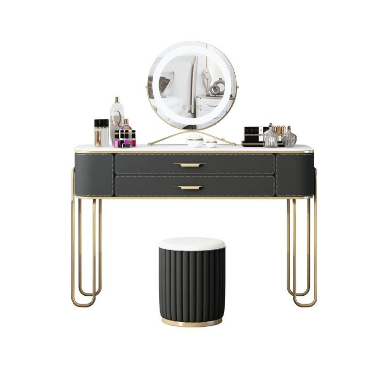 Туалетный столик Russel из массива древесины с керамической столешницей (Стол + зеркало с подсветкой + пуф / 100см)