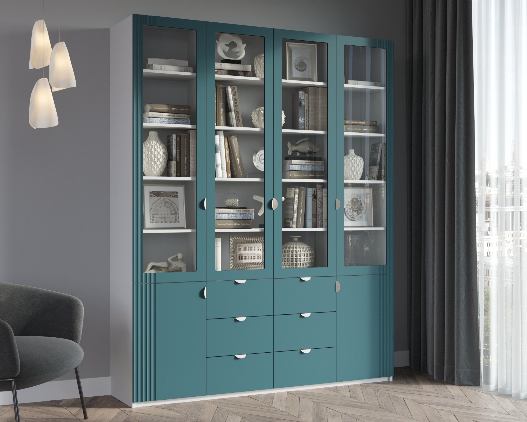 Книжный шкаф с полками и ящиками Мебель на Руси " Санторини 8" 160х200х40 Аквамарин