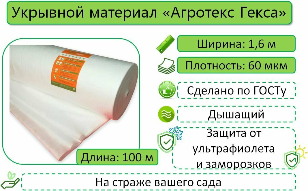 Укрывной материал Агротекс Гекса 60, Белый, 1,6м х 100м, с УФ-стабилизатором / укрывное полотно / спанбонд / агроткань для парника / агроволокно/ мульчирующий материал от сорняков