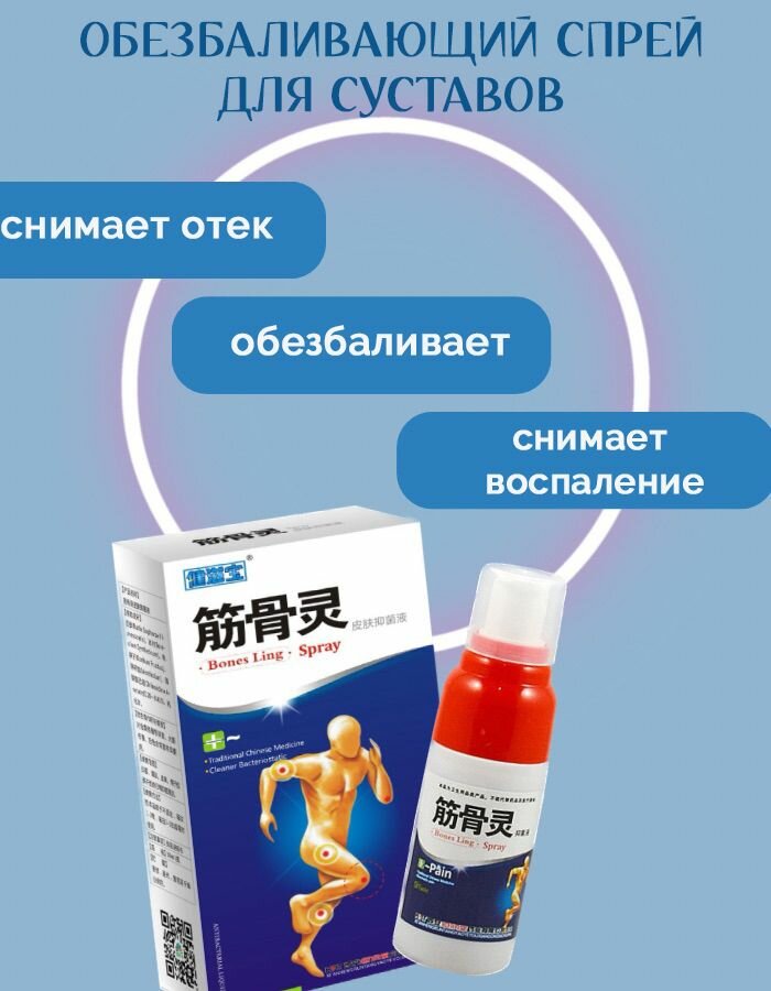 Обезболивающий спрей, противовоспалительное действие от боли в суставах, спине, китайское лекарство, "Bones Ling" 30 мл