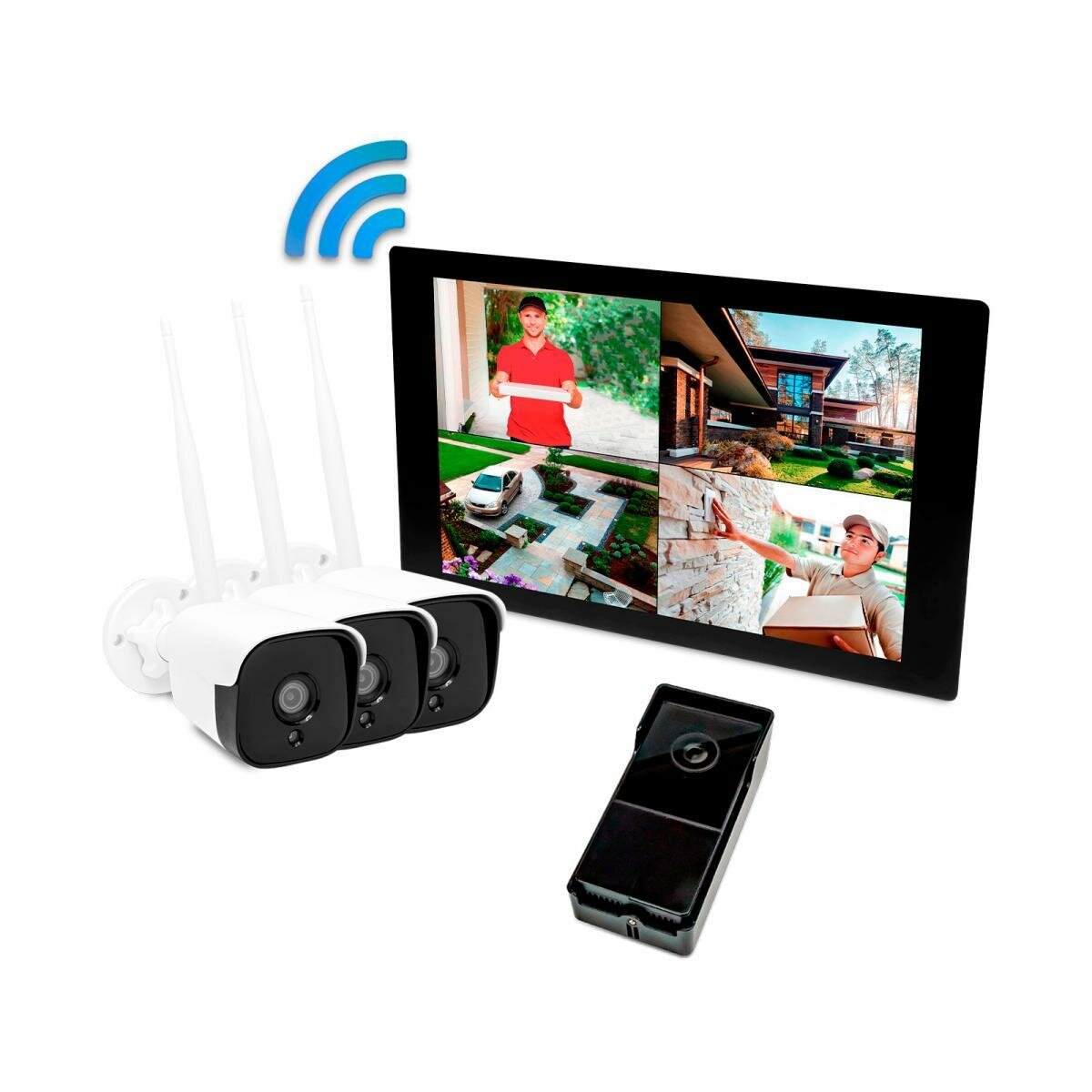 Беспроводной домофон TUYA с 3 камерами - СкайНет 1000 (1+3)-LCD (Q23775SKY): HD экран 10 дюймов, вызывная панель и видеокамеры 3MP