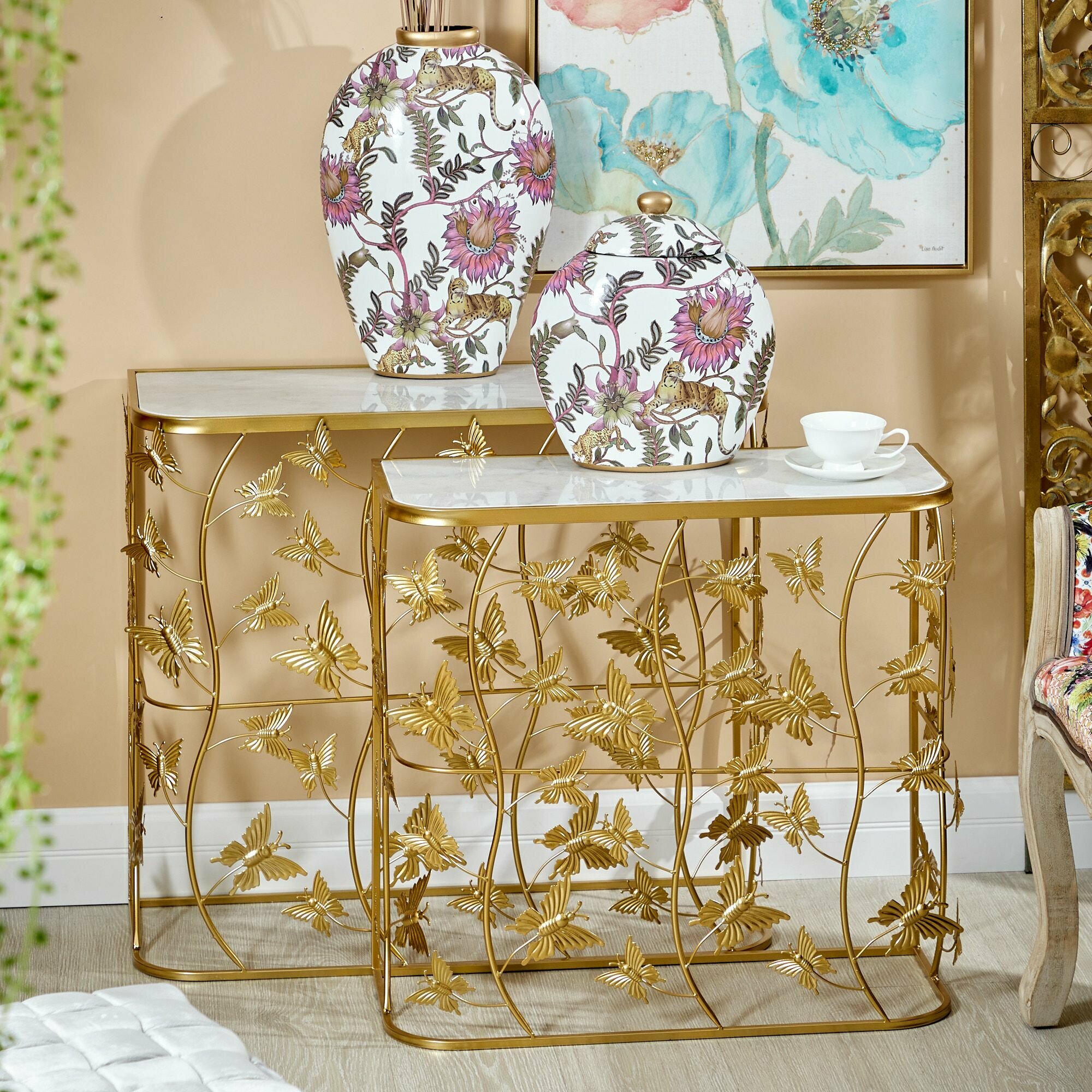 54-110/109 Консоли с белым мрамором, набор 2 предмета 80x32x69; 68x28x63см, Glasar