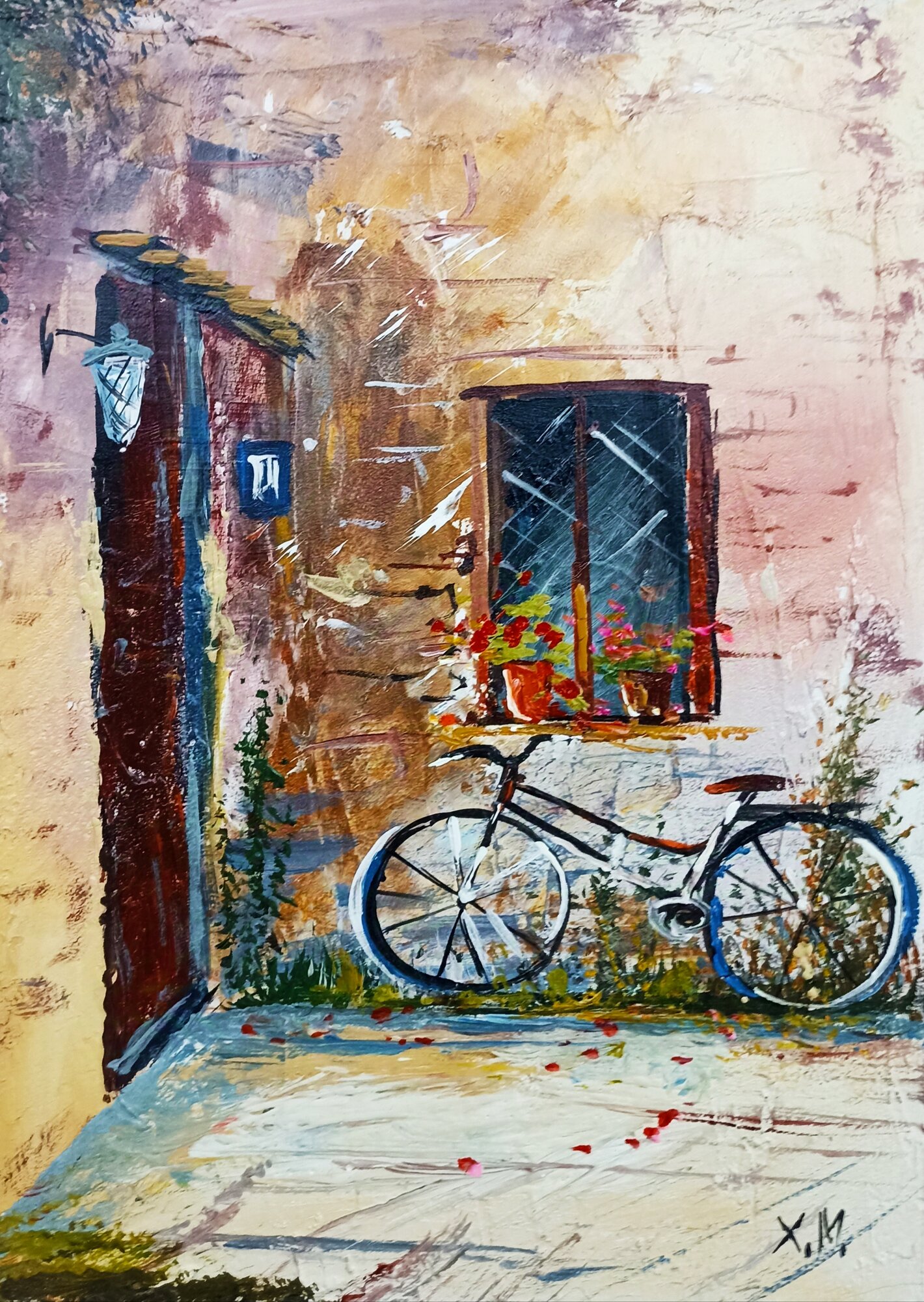 Серия Импрессионизм. 100% ручная работа. Масло/холст. Живопись от Худ. мастерской Грëзы. Пейзаж с велосипедом. 20х30 см