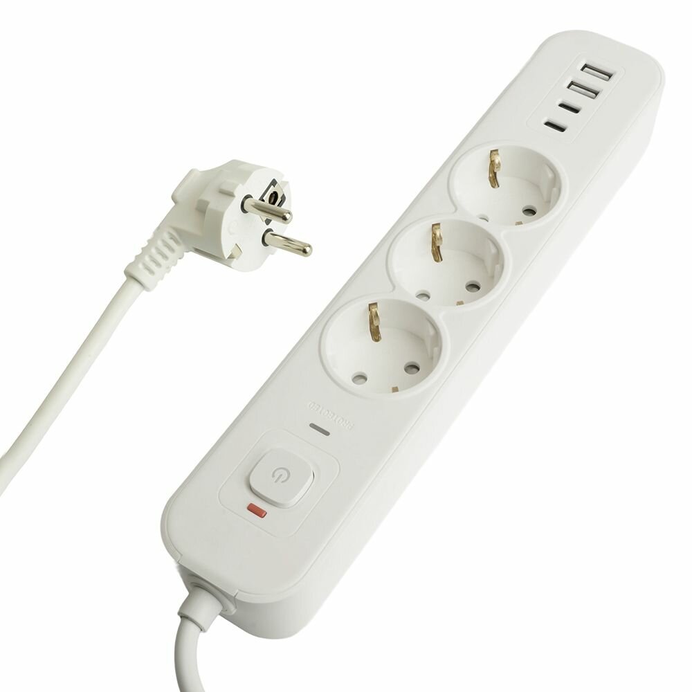Сетевой фильтр STEKKER Nova 3-местный с/з 3x1мм2, 5 м, 250В, 16А, 2 USB-A+2 Type-C 3, HM21-31-05, белый