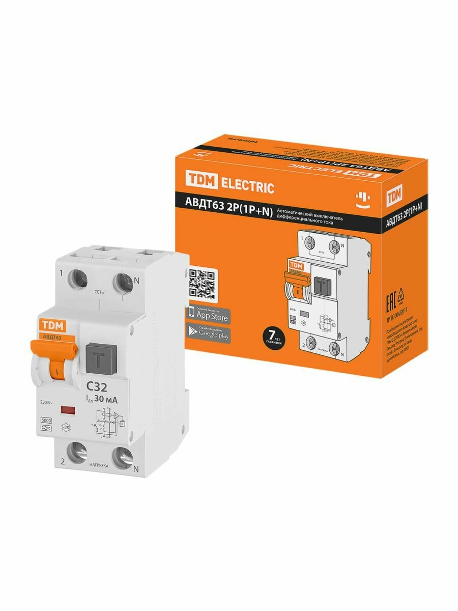 АВДТ 63 2Р(1Р+N) C32 30мА 6кА тип А - Автоматический Выключатель Дифференциального тока TDM