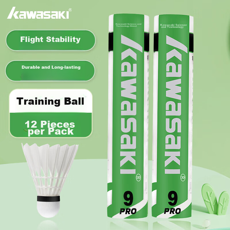 Kawasaki Badminton Shuttlecocks, Training Grade 9 Pro Durable Professional Competition Training Goose Feather Shuttles, 12-Pack