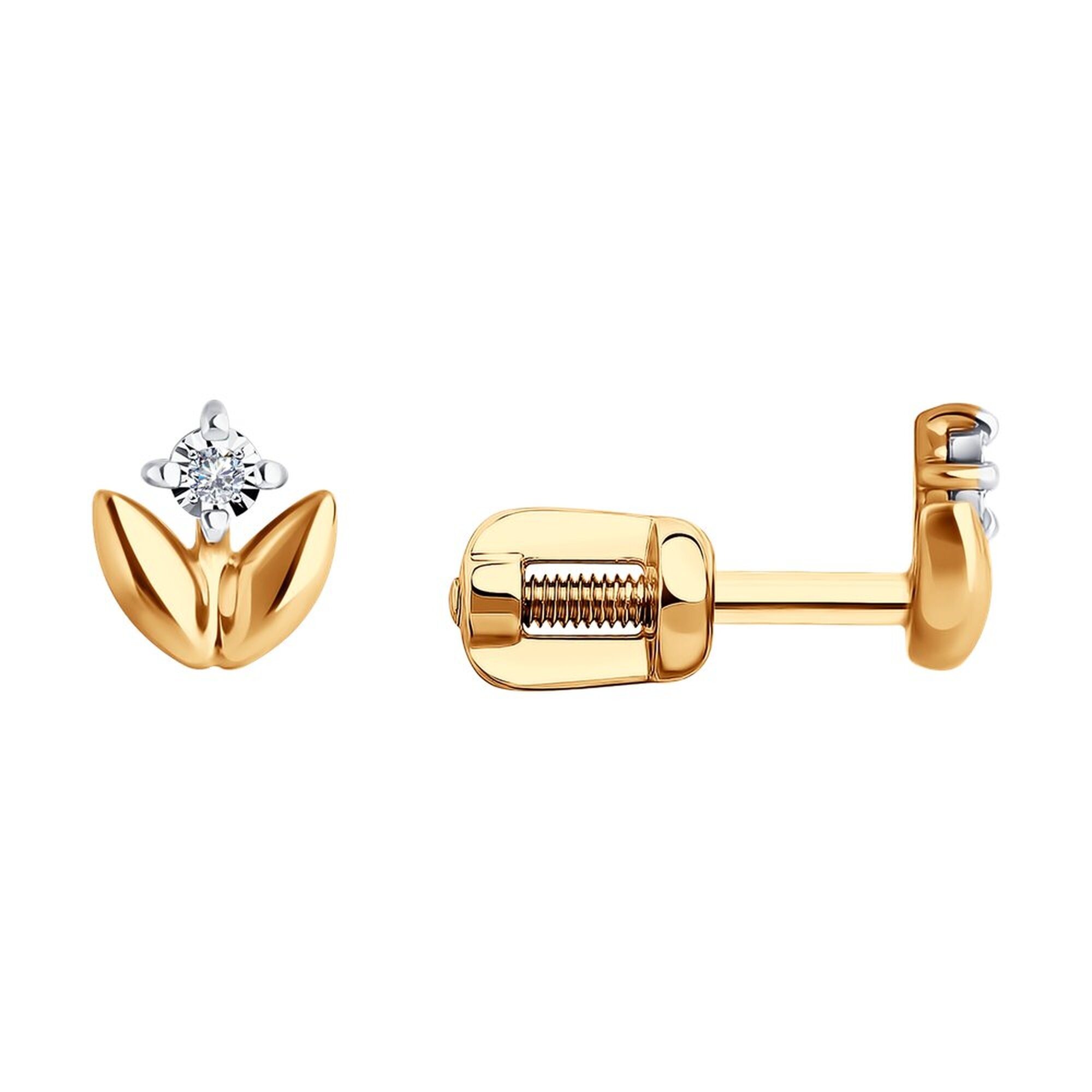 Серьги пусеты, красное золото, 585 проба, бриллиант