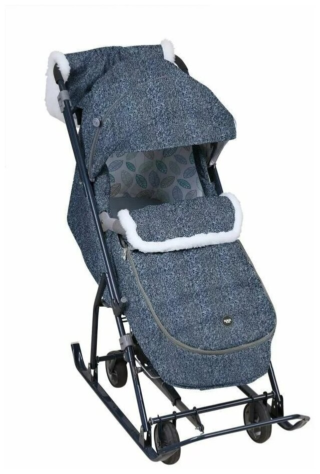 Санки-коляска Nika Наши детки 6 НДТ6, выдвижные колеса, с листочками синий