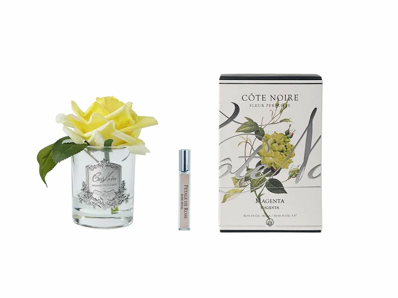 Ароматизированная роза Cote Noire FRENCH ROSE yellow, прозрачная ваза, 1 спрей 15 мл