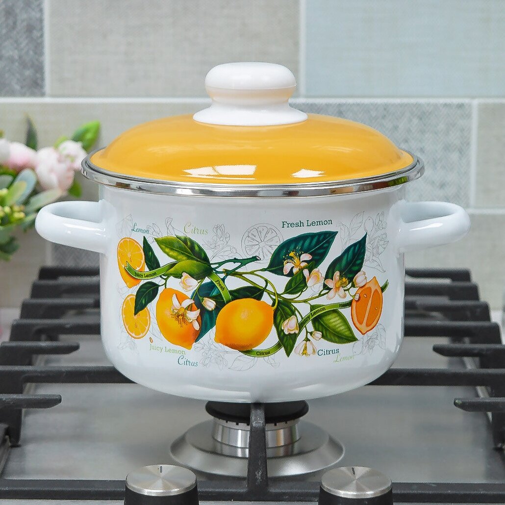 Кастрюля 2л «Лимоны в цвету» эмалированная с индукцией, яркий дизайн