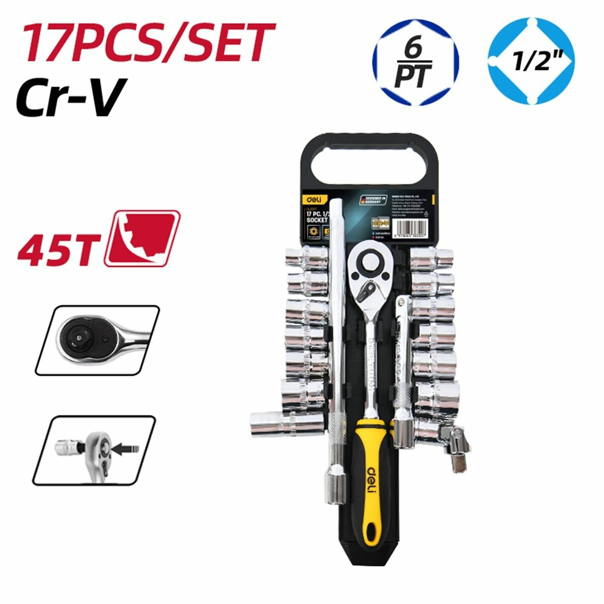 Набор торцевых головок и удлинителей 16шт с трещоткой 1/2 Deli DL2017T (трещотка 45 зубьев)
