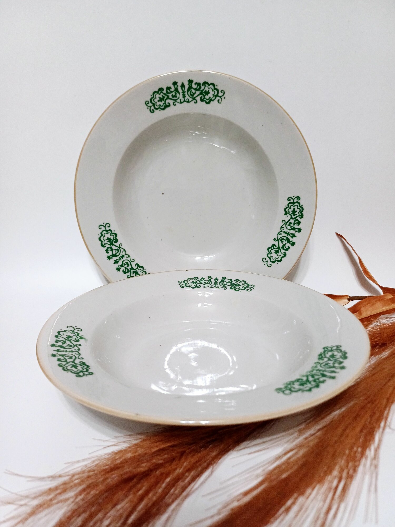 Набор глубоких тарелок с рисунком Петушки винтажный, фарфор, Туймазинский фарфоровый завод СССР