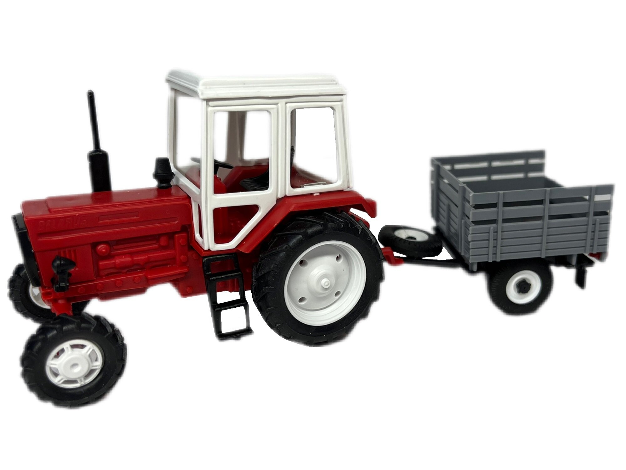Трактор МТЗ-82 пластмасса красный белая кабина прицеп бортовой с/х 1:43