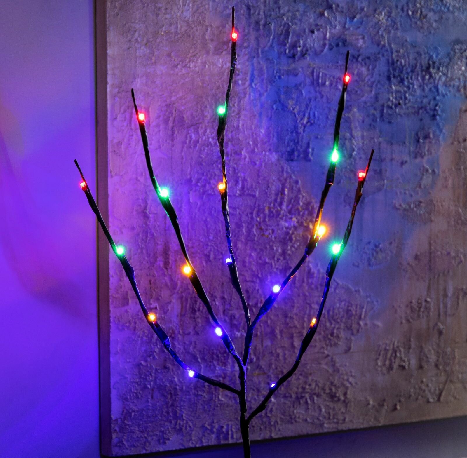 Светодиодный куст "Ветка коричневая" 70 см, новогодняя фигура для дома, праздничное украшение на Новый год, светящееся искусственное дерево для декора интерьера, 20 LED, свечение мульти