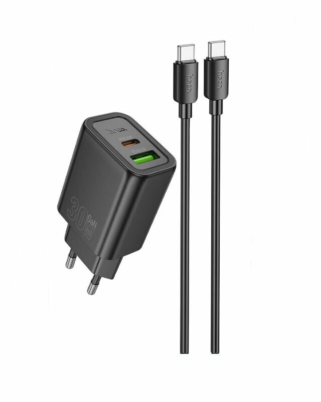 Сетевое зарядное устройство USB/Type-C Hoco N63 (30W, QC3.0, PD, кабель Type-C-Type-C, GaN) Белый